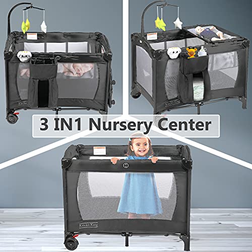 Kinder King 3 in 1 Portable Nursery Center, Foldable Playard for Baby & Toddler, Infant Pack n Play w/Bassinet, Removable Mattress, Newborn Changing Table, Travel Bag, Music Box, Storage Basket, Grey