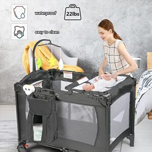 Kinder King 3 in 1 Portable Nursery Center, Foldable Playard for Baby & Toddler, Infant Pack n Play w/Bassinet, Removable Mattress, Newborn Changing Table, Travel Bag, Music Box, Storage Basket, Grey