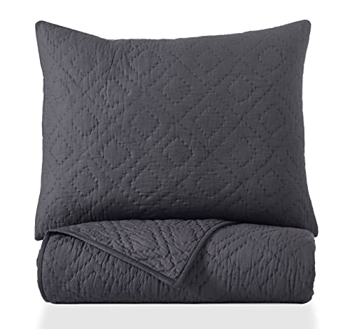 California Design Den Soft 100% Cotton Hand-Quilted Twin/Twin-XL Quilt with Sham, Pure Cotton Fabric & Fill, Charcoal Grey Twin Quilt, Pre-Softened, Diamond Pattern (Charcoal Grey)