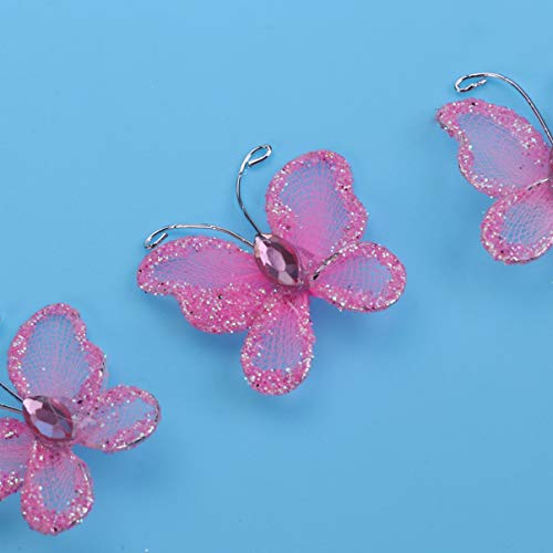 Kisangel 50Pcs Sheer Mesh Wire Glitter Butterfly Gem- Studded Fake Butterfly DIY Butterfly Craft for Wedding Decoration (Pink)