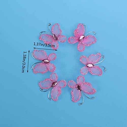 Kisangel 50Pcs Sheer Mesh Wire Glitter Butterfly Gem- Studded Fake Butterfly DIY Butterfly Craft for Wedding Decoration (Pink)