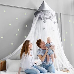 LOAOL Canopy for Kids Bed with Stars, Crib Canopy with Dome, Elegant Net Hanging Fairy Girl Bed Canopy Princess Room Decoration Reading Nook Corner Curtain Fits Full Crib, Twin, Queen Play Castle Tent