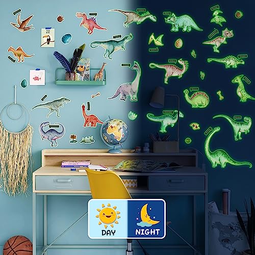 Glow in The Dark Dinosaur Wall Decals, Glowing Stickers for Ceiling, Boys Bedroom Decoration, Large Luminous Removable Dinosaur Wall Decor for Nursery, Kids Birthday Gift