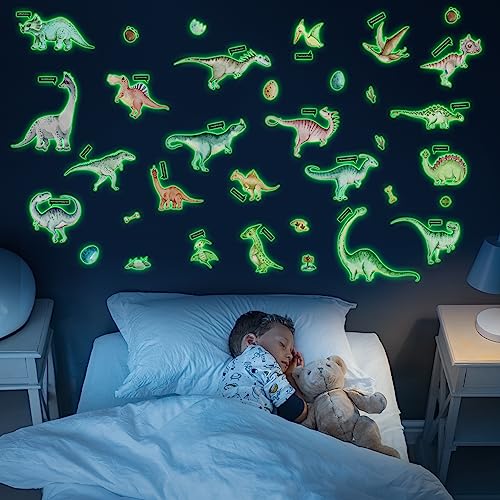 Glow in The Dark Dinosaur Wall Decals, Glowing Stickers for Ceiling, Boys Bedroom Decoration, Large Luminous Removable Dinosaur Wall Decor for Nursery, Kids Birthday Gift