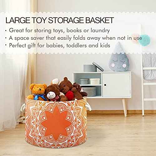 Large Storage Basket for Toys Yellow Flower Mandala Boho Floral Round Blanket Basket Baby Laundry Hamper Canvas Organizer Bin Box Cotton Rope Collapsible Bucket Pillow Home Decor