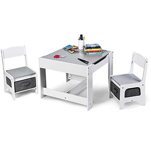 KOTEK Kids Wood Table and 2 Chairs Set with Blackboard & Storage Drawers, Children Multi Activity Table for Learning, Playing, Drawing, 3-in-1 Toddler Art Crafts Desk and Chairs Set (Gray & White)