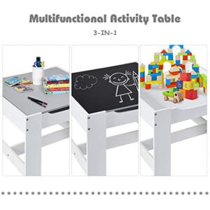 KOTEK Kids Wood Table and 2 Chairs Set with Blackboard & Storage Drawers, Children Multi Activity Table for Learning, Playing, Drawing, 3-in-1 Toddler Art Crafts Desk and Chairs Set (Gray & White)