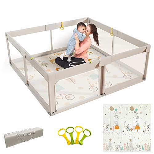 Mloong Baby Playpen with Mat, 59x59 Inches Extra Large Playpen for Babies and Toddlers, Indoor & Outdoor Activity Center, Safety Baby Fence with Gate, Baby Play Pen with Play Mat, Baby Play Yards