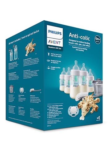 Philips AVENT Anti-Colic Baby Bottle with AirFree Vent Newborn Gift Set with Snuggle, Clear, SCD306/10