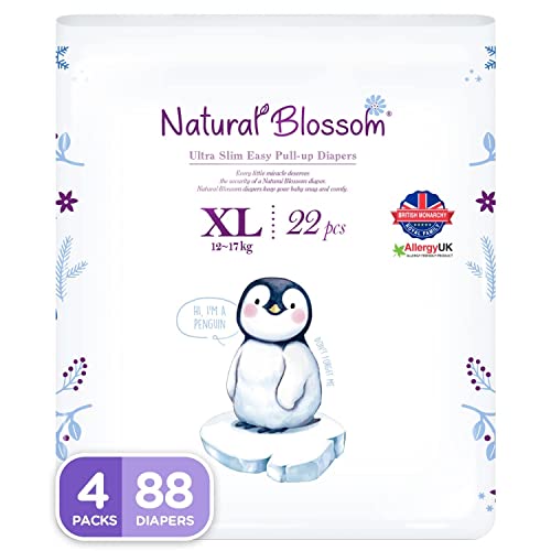 Natural Blossom Easy Pull-up Diaper Pants | Size (5) 3T-4T (26-37 lbs) | 88 Count (22ea*4packs) | Vegan - Super Soft - Hypoallergenic - Ultra-Slim