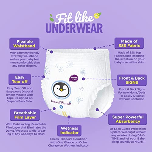 Natural Blossom Easy Pull-up Diaper Pants | Size (5) 3T-4T (26-37 lbs) | 88 Count (22ea*4packs) | Vegan - Super Soft - Hypoallergenic - Ultra-Slim