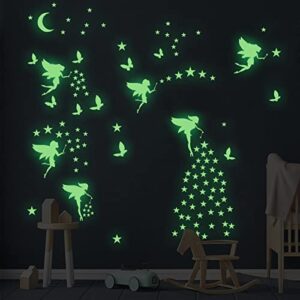 glow in the dark fairy wall decals, luminous fairies wall stickers bedroom ceiling decoration, butterfly and star room decor for girls kids princess