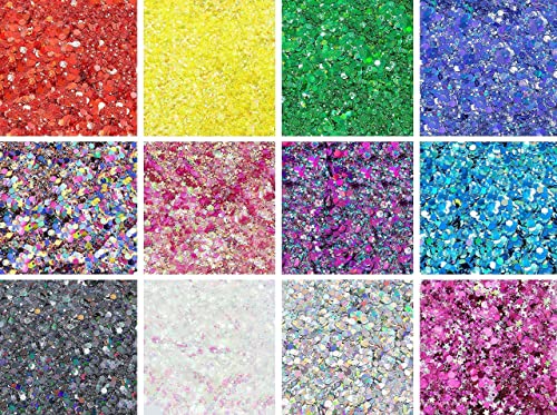 12 Pack - Multi-Colored Face & Body Glitter - Glue Included - Rainbow Chunky Glitter - Uses Include: Festival Rave Makeup Face Body Nails Resin Arts & Crafts, Resin, Tumblers, Bath Bombs