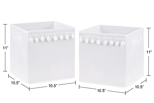 Sweet Jojo Designs White Foldable Fabric Storage Cube Bins Boxes Organizer Toys Kids Baby Childrens - Set of 2 - Gender Neutral Solid Color Bohemian Southwest Tribal Pom Pom for Llama Collection