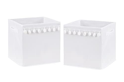 Sweet Jojo Designs White Foldable Fabric Storage Cube Bins Boxes Organizer Toys Kids Baby Childrens - Set of 2 - Gender Neutral Solid Color Bohemian Southwest Tribal Pom Pom for Llama Collection