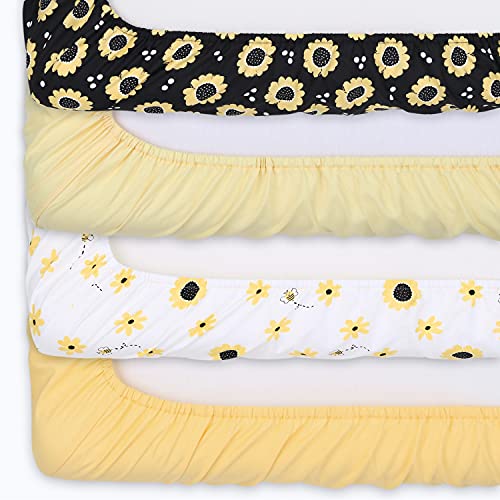 The Peanutshell Sunflower & Bee Fitted Crib Sheet Set for Boys or Girls, Unisex 4 Pack, Yellow & Black Floral