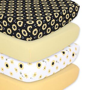 the peanutshell sunflower & bee fitted crib sheet set for boys or girls, unisex 4 pack, yellow & black floral