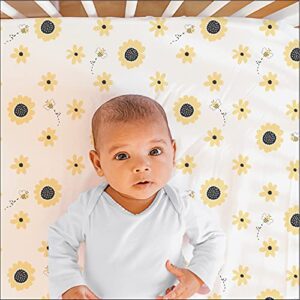 The Peanutshell Sunflower & Bee Fitted Crib Sheet Set for Boys or Girls, Unisex 4 Pack, Yellow & Black Floral