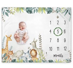 popfavors, yuzioey safari baby monthly milestone blanket, jungle animals baby month blanket , baby boy blanket growth chart nursery decor, includes marker, white, 50inx40in