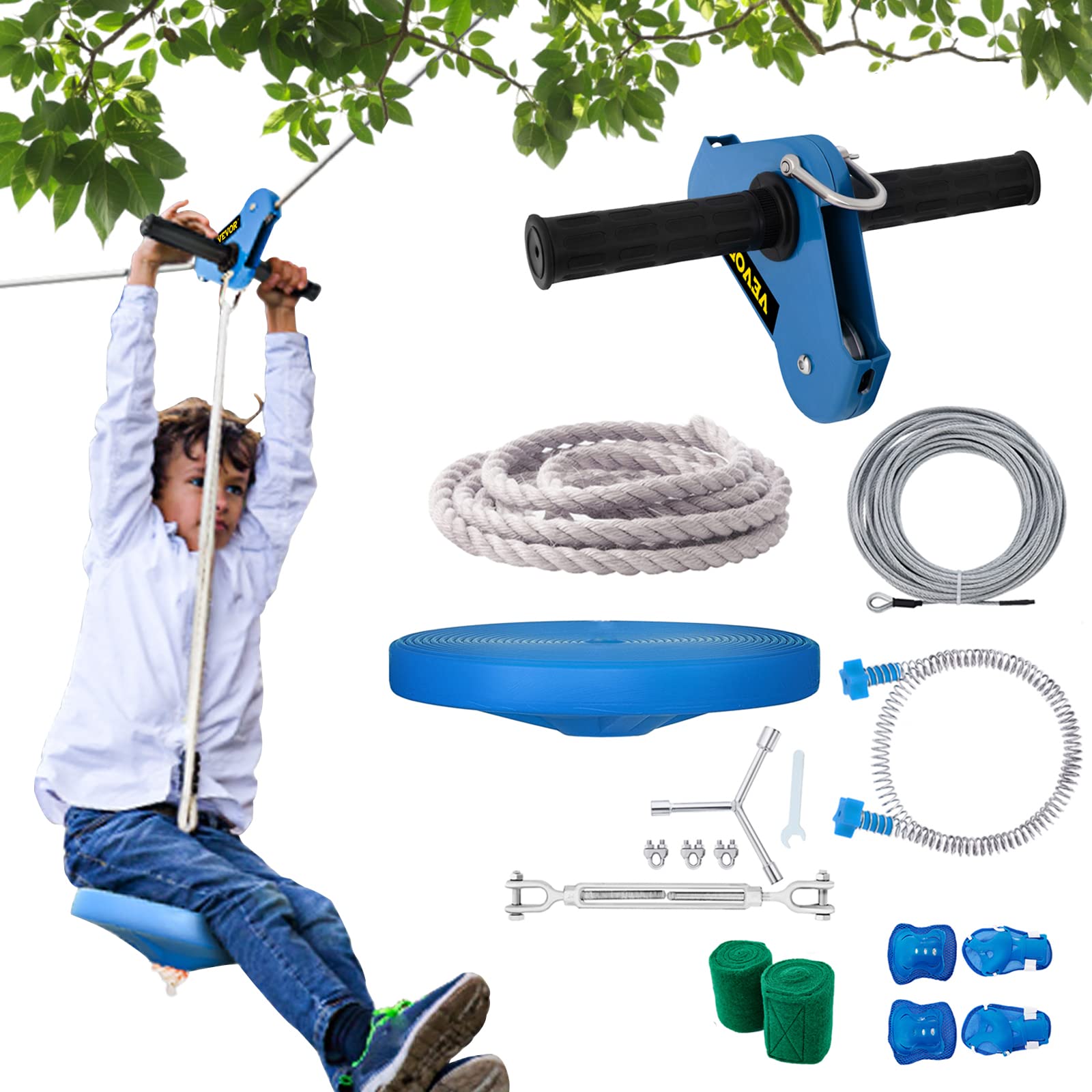 VEVOR Zip line Kits for Backyard 60FT, Zip Lines for Kid and Adult, Included Swing Seat, Zip Lines Brake, and Steel Trolley, Outdoor Playground Equipment