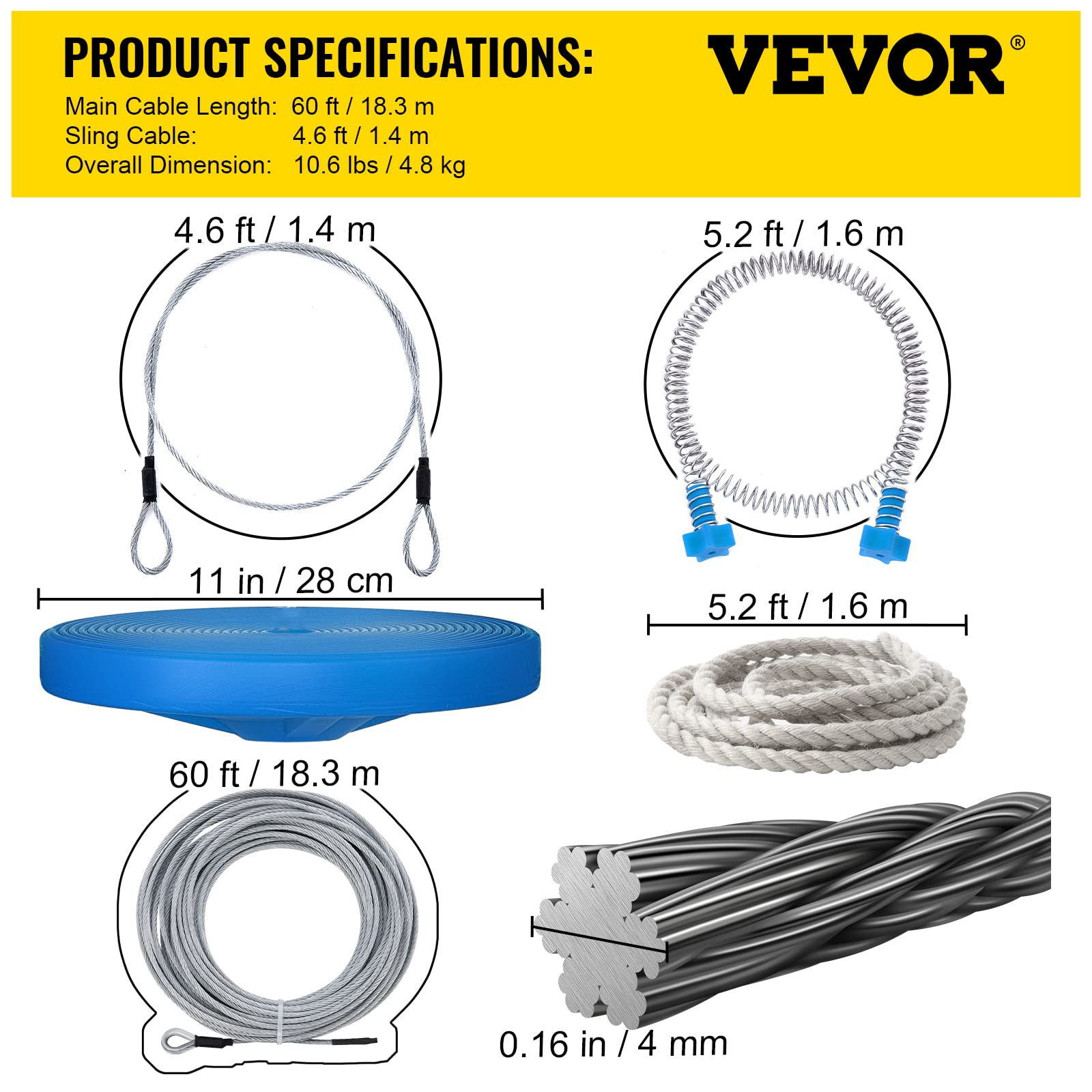 VEVOR Zip line Kits for Backyard 60FT, Zip Lines for Kid and Adult, Included Swing Seat, Zip Lines Brake, and Steel Trolley, Outdoor Playground Equipment