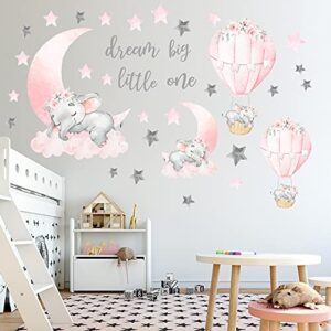 dream big little one elephant wall stickers, pink moon hot air balloon grey stars wall decals for nursery kids room living room bedroom decorations home decor