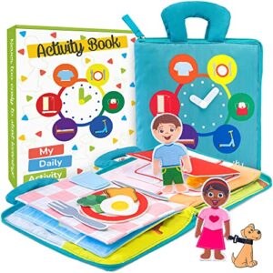 democa montessori busy book for toddlers, travel quiet book with 10 pages for learning boys and girls, sensory cloth activity book with interactive daily activities, travel toy for kids