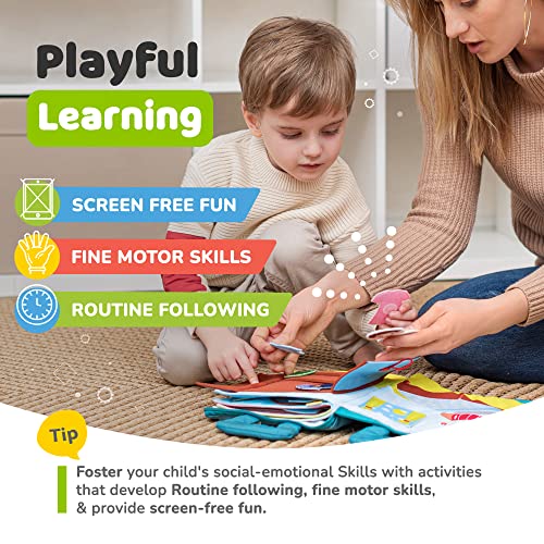 deMoca Montessori Busy Book for Toddlers, Travel Quiet Book with 10 Pages for Learning Boys and Girls, Sensory Cloth Activity Book with Interactive Daily Activities, Travel Toy for Kids