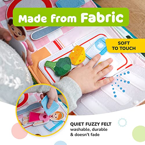 deMoca Montessori Busy Book for Toddlers, Travel Quiet Book with 10 Pages for Learning Boys and Girls, Sensory Cloth Activity Book with Interactive Daily Activities, Travel Toy for Kids