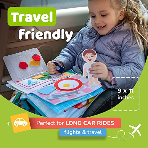 deMoca Montessori Busy Book for Toddlers, Travel Quiet Book with 10 Pages for Learning Boys and Girls, Sensory Cloth Activity Book with Interactive Daily Activities, Travel Toy for Kids