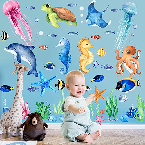 4 Sheets Ocean Fish Wall Decals Stickers Under The Sea Wall Decal Stickers Removable Sea Life Marine Animal Sticker Underwater Ocean Creatures Wall Decor for Kids Girls Boy Nursery Bedroom Bathroom