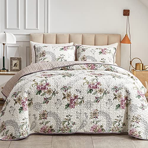 3 Pieces Quilt Set Full/Queen Size, Beige Floral Reversible Bedspread Coverlet Set, Soft Microfiber Lightweight Bed Cover for All Season (90" x 90", 1 Quilt+ 2 Pillow Shams)