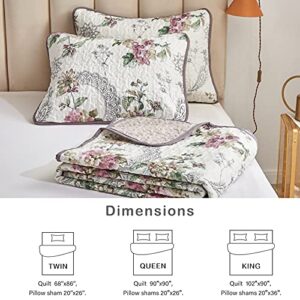 3 Pieces Quilt Set Full/Queen Size, Beige Floral Reversible Bedspread Coverlet Set, Soft Microfiber Lightweight Bed Cover for All Season (90" x 90", 1 Quilt+ 2 Pillow Shams)