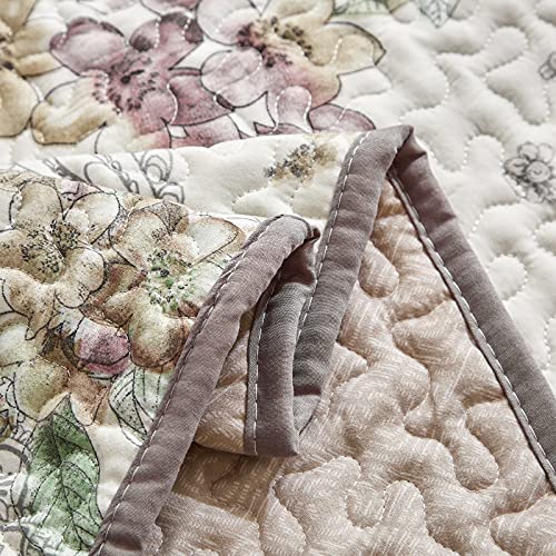 3 Pieces Quilt Set Full/Queen Size, Beige Floral Reversible Bedspread Coverlet Set, Soft Microfiber Lightweight Bed Cover for All Season (90" x 90", 1 Quilt+ 2 Pillow Shams)