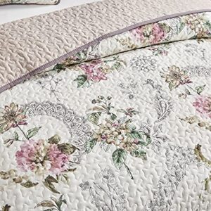 3 Pieces Quilt Set Full/Queen Size, Beige Floral Reversible Bedspread Coverlet Set, Soft Microfiber Lightweight Bed Cover for All Season (90" x 90", 1 Quilt+ 2 Pillow Shams)