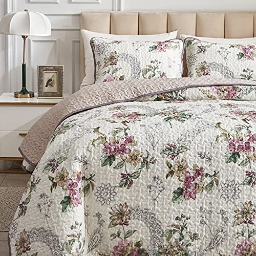 3 Pieces Quilt Set Full/Queen Size, Beige Floral Reversible Bedspread Coverlet Set, Soft Microfiber Lightweight Bed Cover for All Season (90" x 90", 1 Quilt+ 2 Pillow Shams)