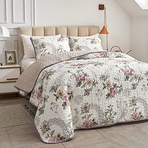 3 Pieces Quilt Set Full/Queen Size, Beige Floral Reversible Bedspread Coverlet Set, Soft Microfiber Lightweight Bed Cover for All Season (90" x 90", 1 Quilt+ 2 Pillow Shams)