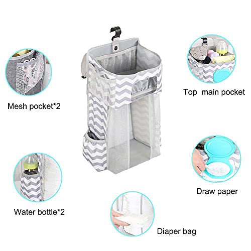 WSNM Hanging Diaper Organizer,Baby Bed Hanging Organizer,Nursery Organization Baby Diaper Holder, Diaper Stacker Storage for Crib, Playard, Changing Table or Wall with 2 Buckle straps (Gray)