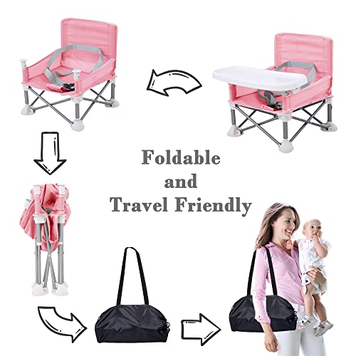 Agudan Baby Travel Booster Seat - Toddler Foldable Camping Chair | Compact Portable Baby Seat with Removable Dining Tray for Boys Girls (Pink)