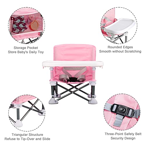 Agudan Baby Travel Booster Seat - Toddler Foldable Camping Chair | Compact Portable Baby Seat with Removable Dining Tray for Boys Girls (Pink)