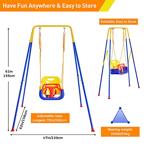 FUNLIO 3-in-1 Swing Set for Toddler with 4 Sandbags, Heavy-Duty Kid Swing Set for Backyard, Baby Swing Indoor/Outdoor Play, Folding Metal Stand & Clear Instruction, Easy to Assemble & Store