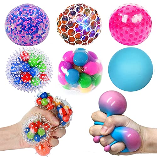 Squishy Stress Balls for Kids and Adults - 6 Balls Water Bead Stress Balls Balls Sensory Ball Squeeze Ball Fidget Toys Set for Anxiety Autism ADHD and More