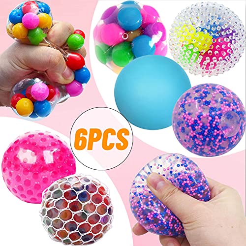 Squishy Stress Balls for Kids and Adults - 6 Balls Water Bead Stress Balls Balls Sensory Ball Squeeze Ball Fidget Toys Set for Anxiety Autism ADHD and More