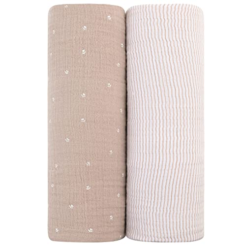 Ely’s &Co. Muslin Swaddle Blanket 2-Pack — 100% Cotton Muslin Extra-Large Swaddle Blankets (47” x 47”) White Tulip on Pink + Stripes