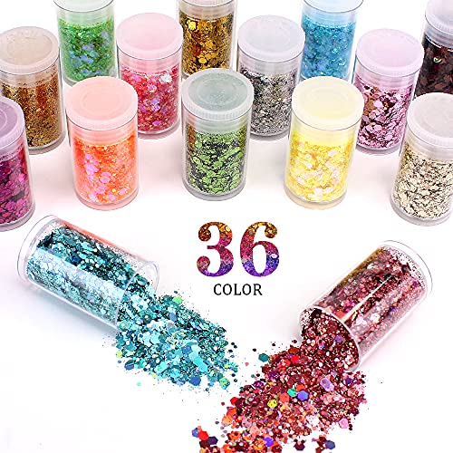 Chunky and Fine Glitter Mix, Estanoite 36 Colors Chunky Sequins & Fine Glitter Powder Mix, Iridescent Glitter Flakes, Cosmetic Makeup Glitter for Face Body Eye Nail Art, Loose Glitter for Resin Epoxy