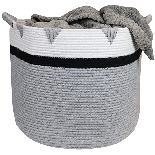 The Modish Store 18" X 18" X 15" Extra Large Premium Cotton Rope Basket Gray White Woven Basket for Blankets Toys Storage Basket with Handles Great for Comforter Cushions Storage Bins