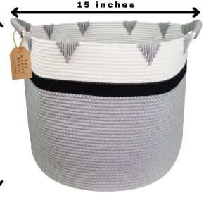 The Modish Store 18" X 18" X 15" Extra Large Premium Cotton Rope Basket Gray White Woven Basket for Blankets Toys Storage Basket with Handles Great for Comforter Cushions Storage Bins