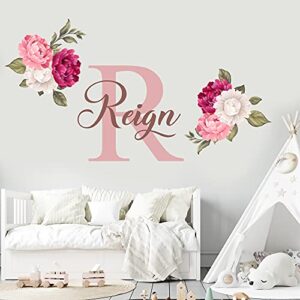 waldo Name and Initial Peonies Wall Decal - Kids Wall Decor - WM131. Custom Name Removable Nursery Wall Decal for Girl - Flower Mural Wall Decal for Girls Bedroom