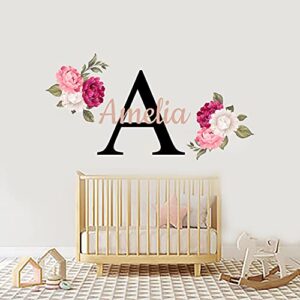 waldo Name and Initial Peonies Wall Decal - Kids Wall Decor - WM131. Custom Name Removable Nursery Wall Decal for Girl - Flower Mural Wall Decal for Girls Bedroom