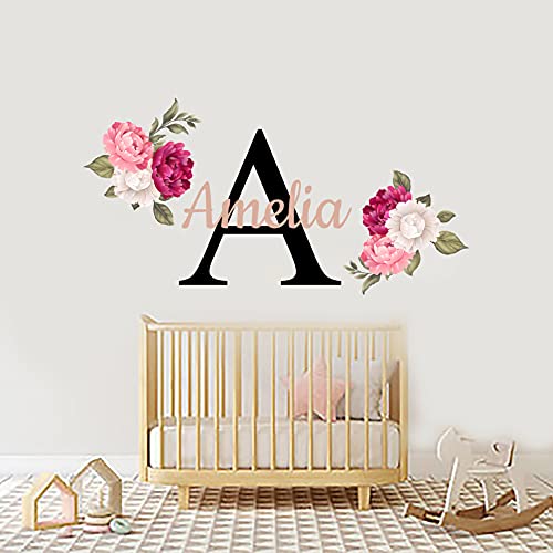 waldo Name and Initial Peonies Wall Decal - Kids Wall Decor - WM131. Custom Name Removable Nursery Wall Decal for Girl - Flower Mural Wall Decal for Girls Bedroom